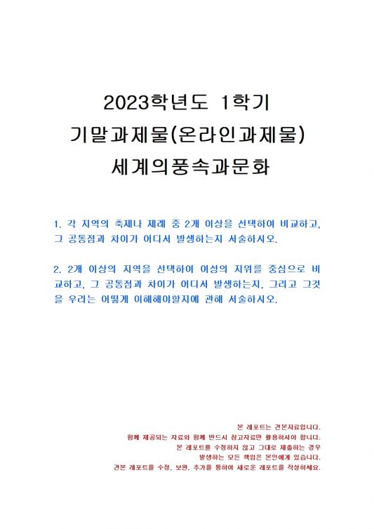 2023년 1학기 세계의풍속과문화 기말시험 과제물(각 지역의 축제나 제례, 여성의 지위)