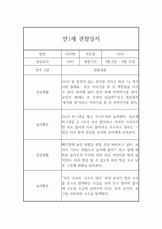 평가제 통과 어린이집 만1세 1학기 관찰일지와 총평