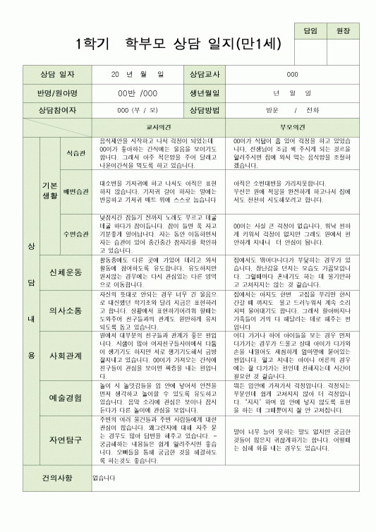 상담일지 만1세 1학기 7명 의 상담후 작성한 상담 내용입니다.