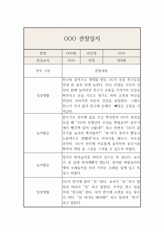 만0세 2학기 영아 한명당 놀이4개,일상2개 관찰일지 및 발달평가