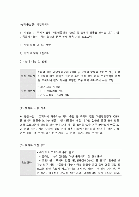 사회복지 프로그램, 주의력 결핍 과잉행동장애(ADHD) 등 문제적 행동을 보이는 빈곤 가정 아동들에 대한 다차원 접근을 통한 문제 행동 경감 프로그램