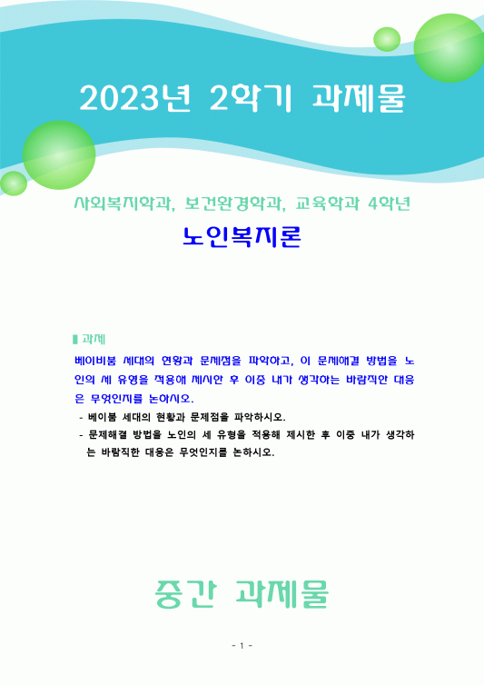 [2023 노인복지론][출처표기]  베이비붐 세대의 현황과 문제점을 파악하고, 이 문제해결 방법을 노인의 세 유형을 적용해 제시한 후 이중 내가 생각하는 바람직한 대응은 무엇인지를 논하시오.