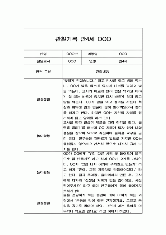 놀이와 일상 관찰일지 만4세 1학기 (총평포함)