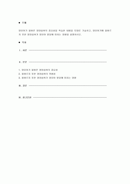 영유아기 올바른 영양섭취의 중요성을 학습한 내용을 토대로 기술하고, 영유아기에 올바르지 못한 영양섭취가 영유아 발달에 미치는 영향을 설명하시오.