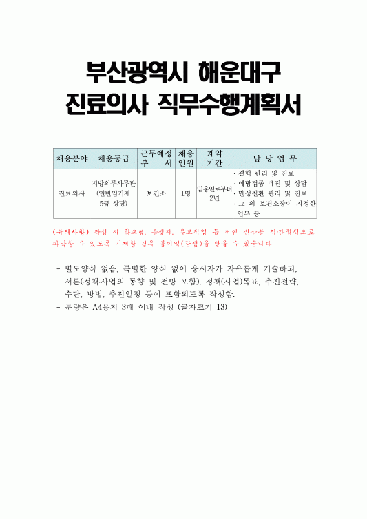 부산광역시 해운대구 진료의사 직무수행계획서