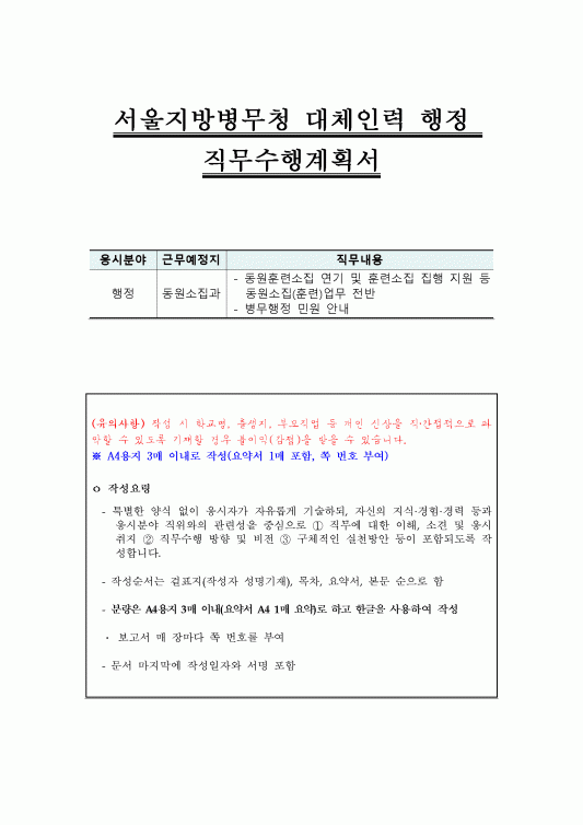 서울지방병무청 대체인력 행정 직무수행계획서