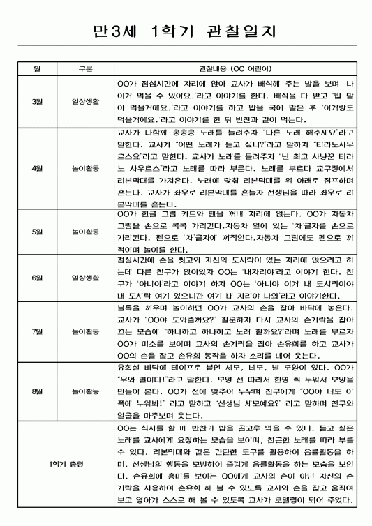 만3세 1년 관찰기록과 1학기,2학기발달평가 (놀이,일상 관찰일지와 총평)