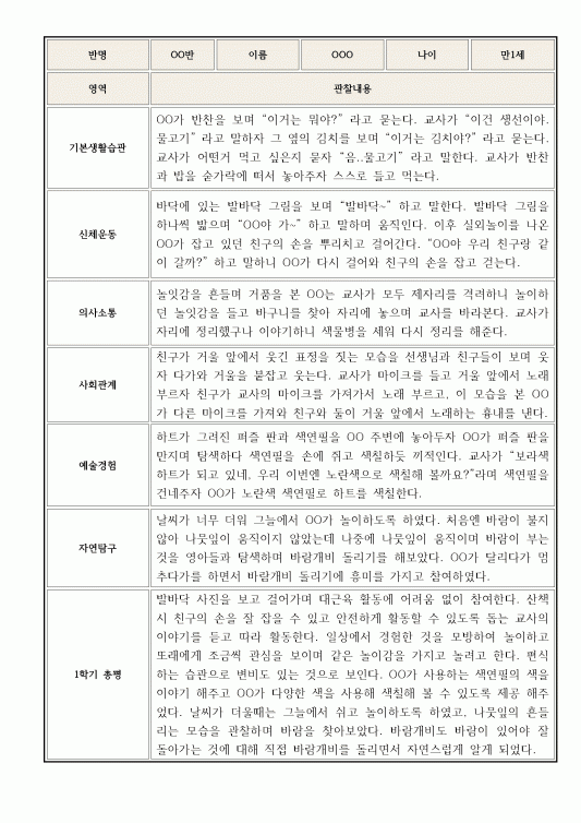 1년치 만1세 관찰일지 (평가제인증 관찰일지,1학기 2학기 발달평가 포함)