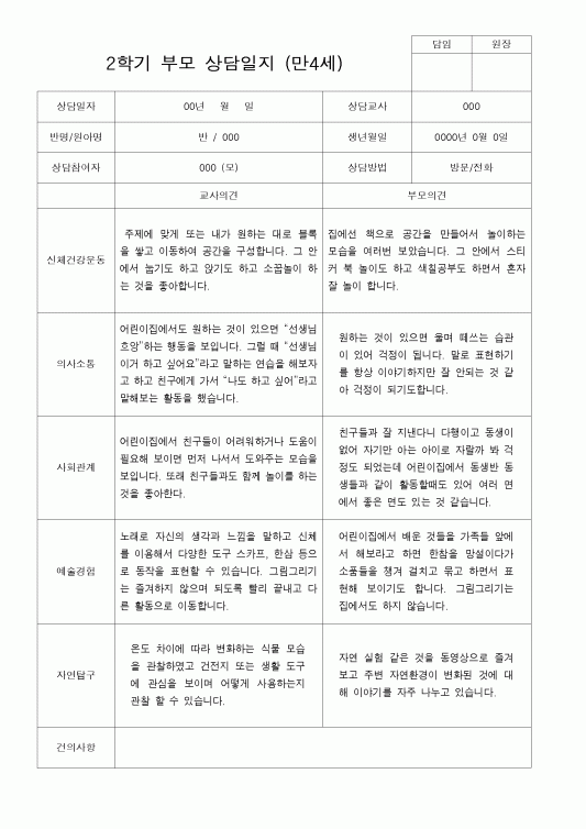 만4세 19명  2학기 부모상담일지