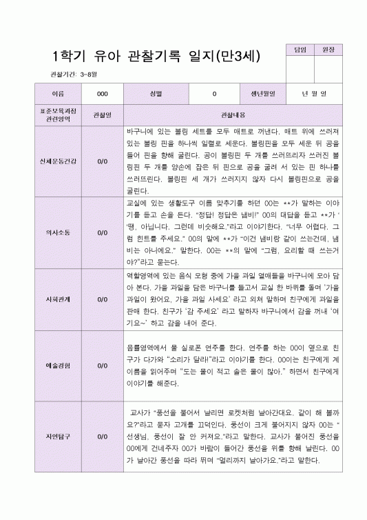 1년 유아 관찰기록일지 만 3세 19명의 관찰내용