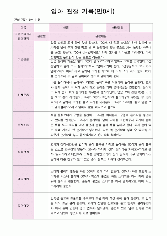 영아 관찰 기록 2학기  만0세 5명  9월- 2월 10페이지