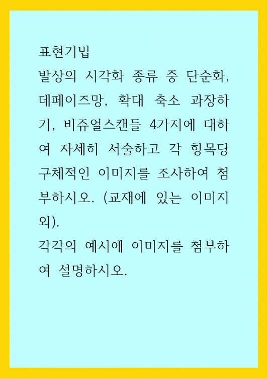 표현기법) 발상의 시각화 종류 중 단순화, 데페이즈망, 확대 축소 과장하기, 비쥬얼스캔들 4가지에 대하여 자세히 서술하고 각 항목당 구체적인 이미지를 조사하여 첨부하시오