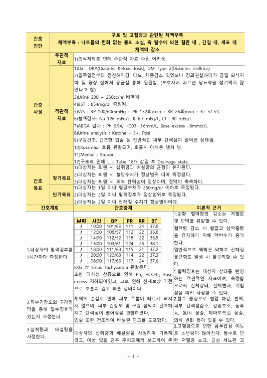 DKA/케이스스터디/간호진단/간호과정/체액부족