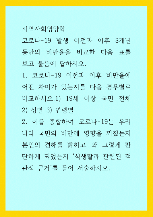 지역사회영양학) 코로나-19 발생 이전과 이후 3개년 동안의 비만율을 비교한 다음 표를 보고 물음에 답하시오