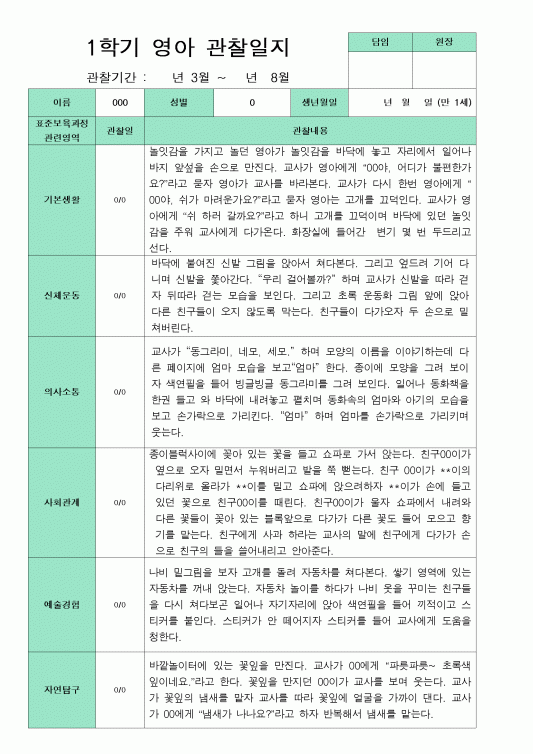 관찰일지 1학기 만 1세 10명