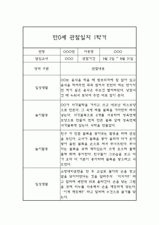 관찰일지 - 만0세 1년치 일상과 놀이 관찰일지 및 1,2학기 총평