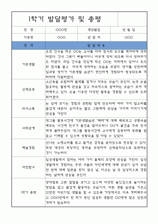 만1세 발달평가 - 1학기 평가제 발달평가 (1학기 총평 첨부)