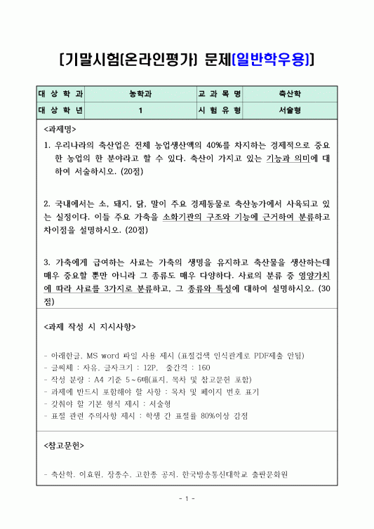 방송통신대학교 농학과 1학년 축산학 기말과제