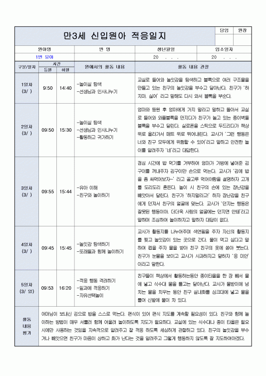 만3세 신입원아 적응일지 6명입니다. 어린이집 적응일지