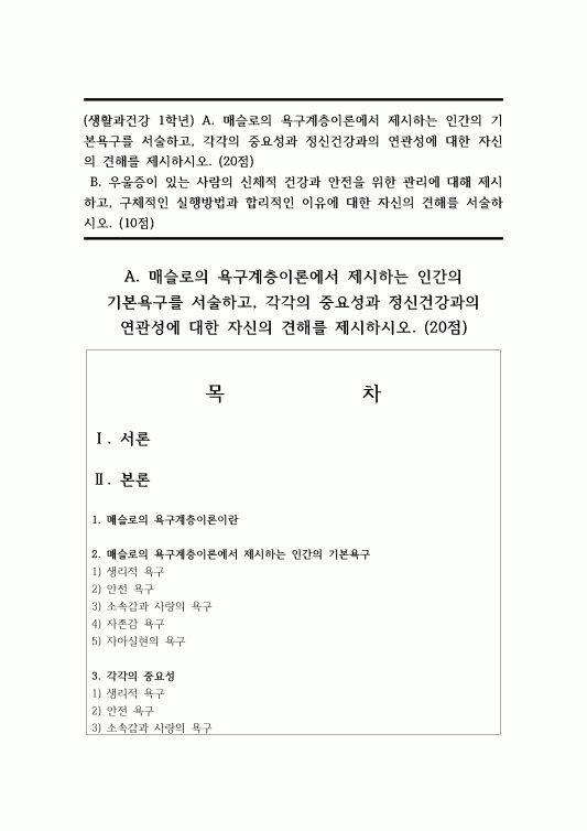 (생활과건강 1학년) A. 매슬로의 욕구계층이론에서 제시하는 인간의 기본욕구를 서술하고, 각각의 중요성과 정신건강과의 연관성에 대한 자신의 견해를 제시하시오. (20점)   B. 우울증이 있는 사람의 신체적 건강과 안전을 위한 관리에 대해 제시하고, 구체적인 실행방법과 합리적인 이유에 대한 자신의 견해를 서술하시오. (10점)