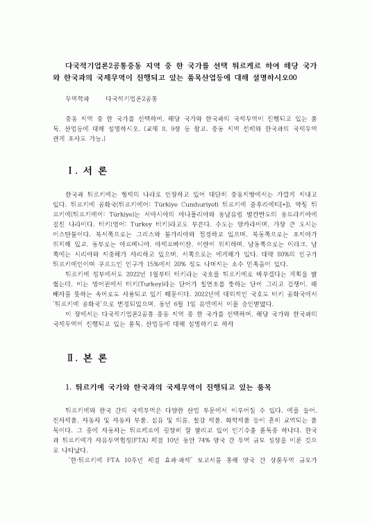 다국적기업론2공통중동 지역 중 한 국가를 선택 튀르케르 하여 해당 국가와 한국과의 국제무역이 진행되고 있는 품목산업등에 대해 설명하시오00