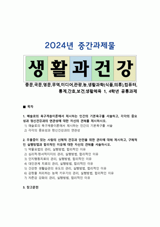 [생활과건강] 2024년 중간과제물, A. 매슬로의 욕구계층이론에서 제시하는 인간의 기본욕구를 서술하고, 각각의 중요성과 정신건강과의 연관성에 대한 자신의 견해를 제시하시오. B. 우울증이 있는 사람의 신체적 건강과 안전을 위한 관리에 대해 제시하고, 구체적인 실행방법과 합리적인 이유에 대한 자신의 견해를 서술하시오