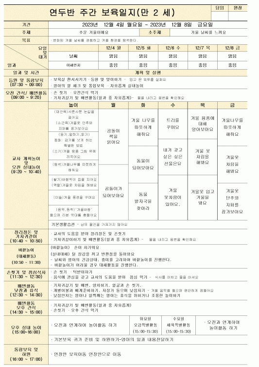 만2세 12월  보육일지