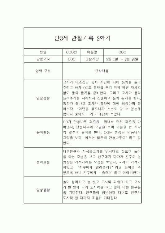 놀이활동,일상생활 만3세 2학기 관찰일지 및 평가