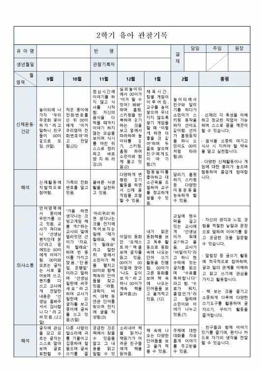 국공립 어린이집 2학기 만5세 유아관찰기록 18명 (1인당 3페이지 분량)