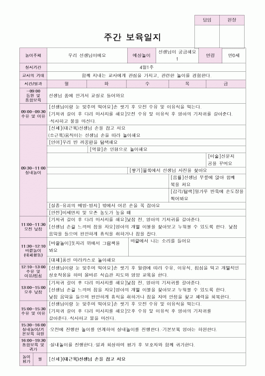 만 0세 4월 보육일지 1-4주