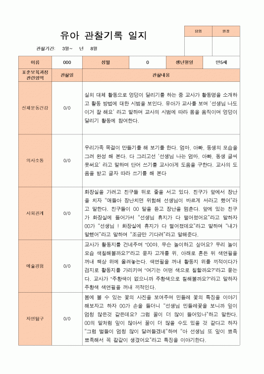 유아 관찰기록일지 만 5세 1년 22명 관찰일지44페이지