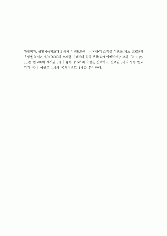 관광학과, 생활체육지도과 3 축제 이벤트관광   <국내·외 스페셜 이벤트(게츠, 2005)의 유형별 분석> 게츠(2005)의 스페별 이벤트의 유형 분류(축제·이벤트관광 교재 표2-1, pp. 16)를 참고하여 제시된 8가지 유형 중 5가지 유형을 선택하고, 선택된 5가지 유형 별로 각각 국내 이벤트 1개와 국외이벤트 1개를 분석한다.