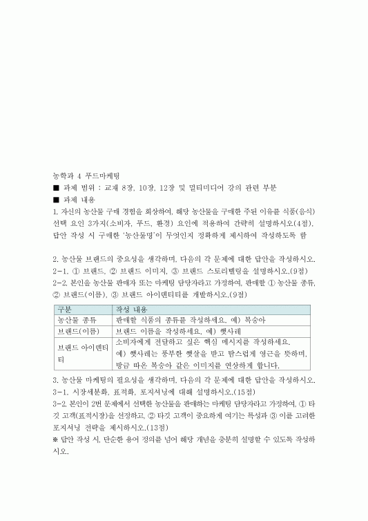 농학과 4 푸드마케팅 과제 범위 : 교재 8장, 10장, 12장 및 멀티미디어 강의 관련 부분  과제 내용 1. 자신의 농산물 구매 경험을 회상하여, 해당 농산물을 구매한 주된 이유를 식품(음식) 선택 요인 3가지(소비자, 푸드, 환경) 요인에 적용하여 간략히 설명하시오(4점). 답안 작성 시 구매한 ‘농산물명’이 무엇인지 정확하게 제시하여 작성하도록 함  2. 농산물 브랜드의 중요성을 생각하며, 다음의 각 문제에 대한 답안을 작성하시오. 2-1. ①