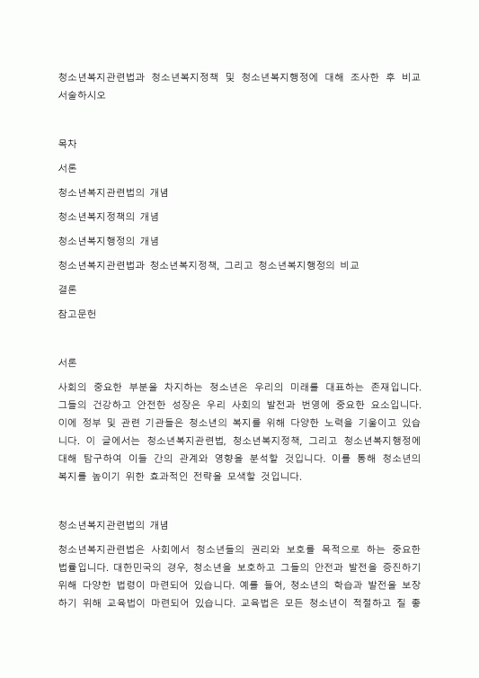 청소년복지관련법과 청소년복지정책 및 청소년복지행정에 대해 조사한 후 비교 서술하시오