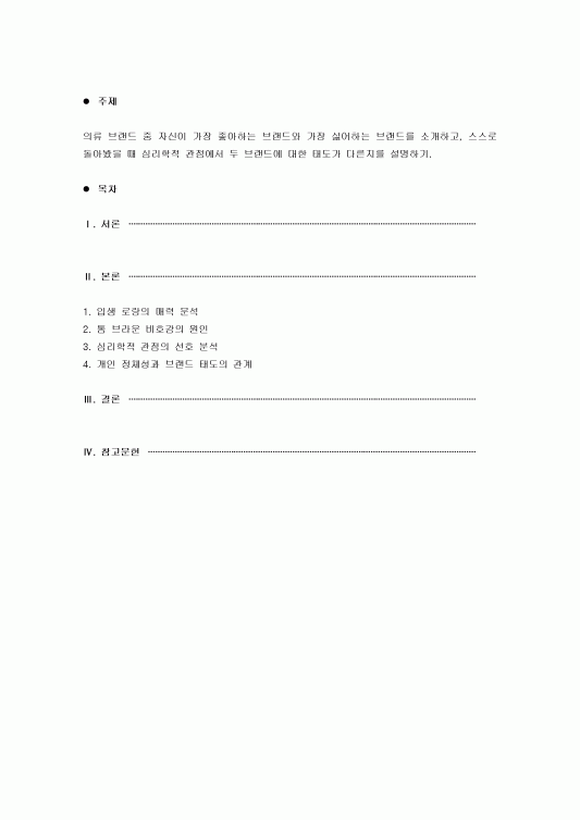 의류 브랜드 중 자신이 가장 좋아하는 브랜드와 가장 싫어하는 브랜드를 소개하고, 스스로 돌아봤을 때 심리학적 관점에서 두 브랜드에 대한 태도가 다른지를 설명하기.