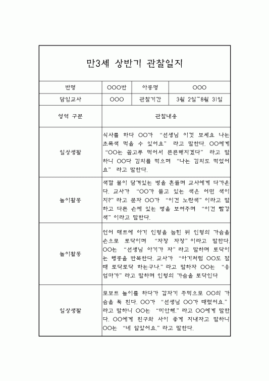 만3세반 상반기 (3월-8월) 관찰일지 및 발달평가 (일상생활,놀이활동 관찰일지)