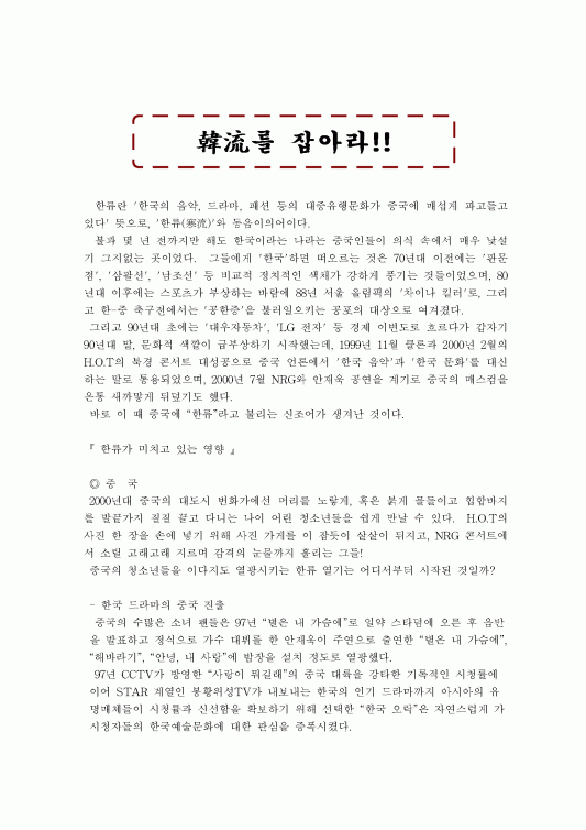 한류(韓流)가 관광에 미치는 영향,문제점,나아갈 방향!!