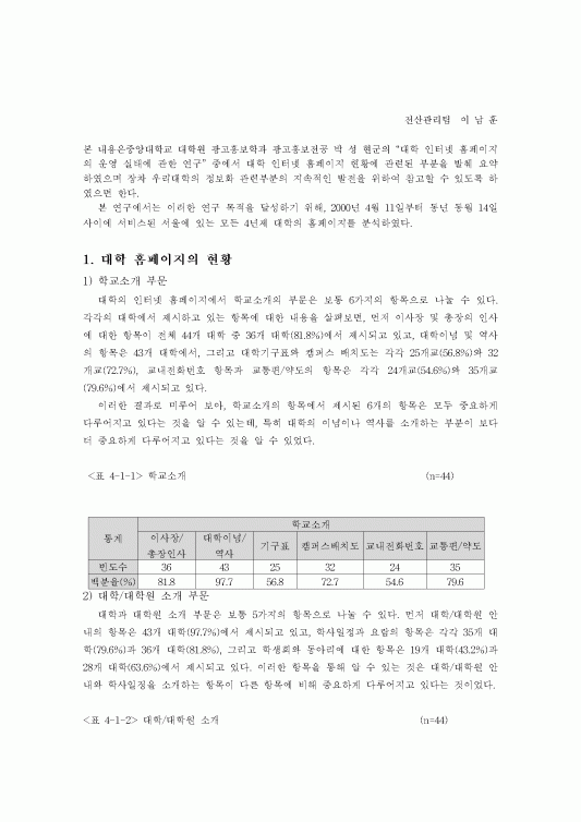 대학 인터넷 홈페이지 현황