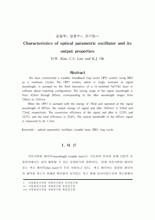 OPO 레이저의 구성과 출력 특성