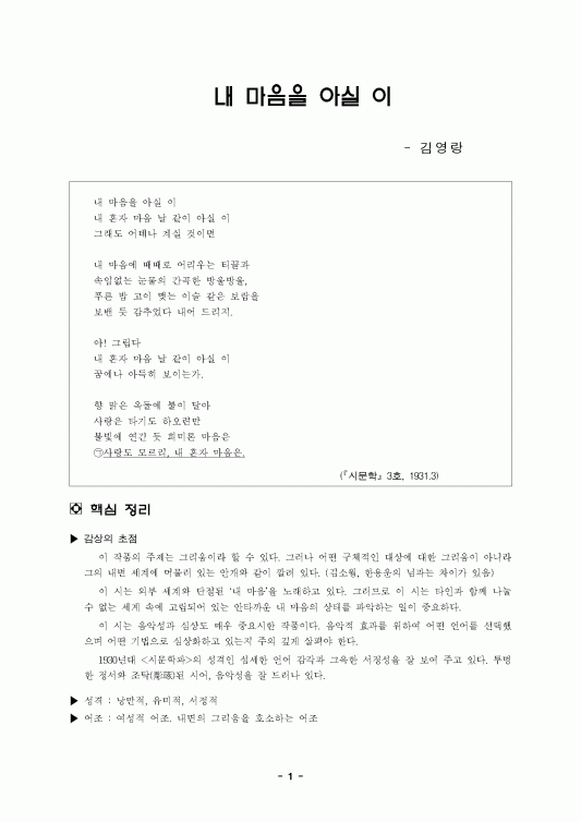 내 마음을 아실 이- 김영랑 시