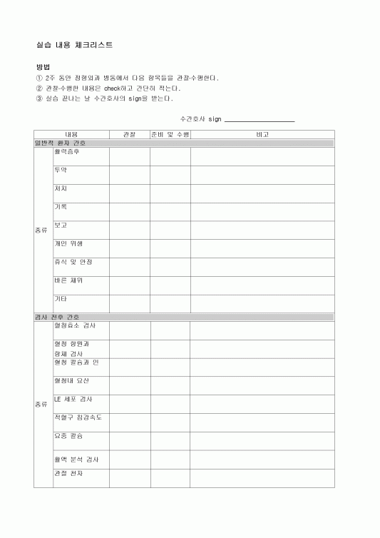 간호실습내용체크리스트