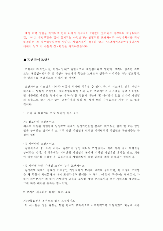 사업계획서(프랜차이즈=체인점)