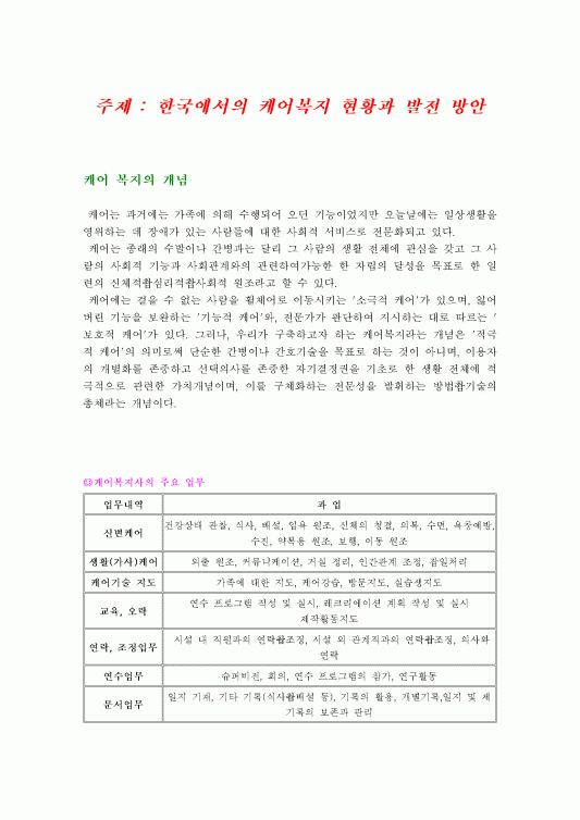 한국에서의 케어의 현황과 발전방안