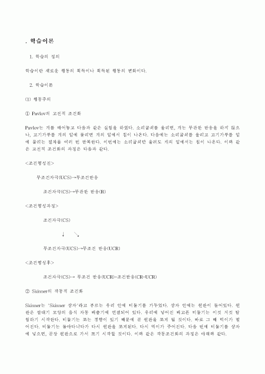 학습이론 행동주의 무조건자극 인지주의 구성주의 부적응 행동