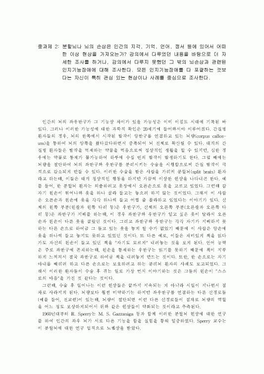 [심리학]분할뇌와 뇌손상