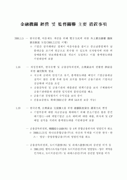 금융기관 경영및 감독관련 주요조치사항