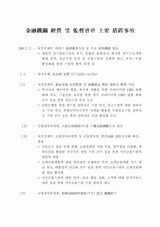 금융기관 경영 및 감독관련 주요 조치사항