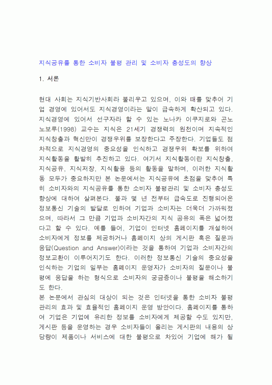 지식공유를 통한 소비자불평 관리 및 소비자충성도의 향상 : 소비자불만