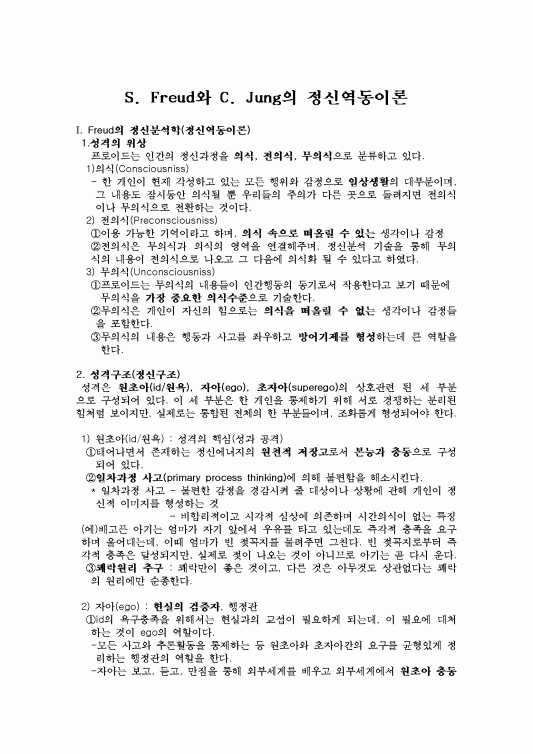 S. Freud(프로이드)와 C. Jung(융)의 정신역동이론