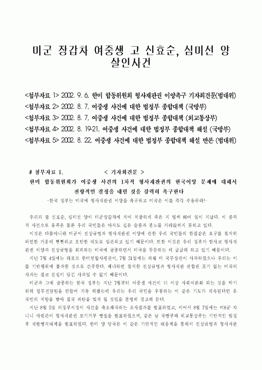 미군 장갑차 여중생 고 신효순 심미선 양 살인사건 대책